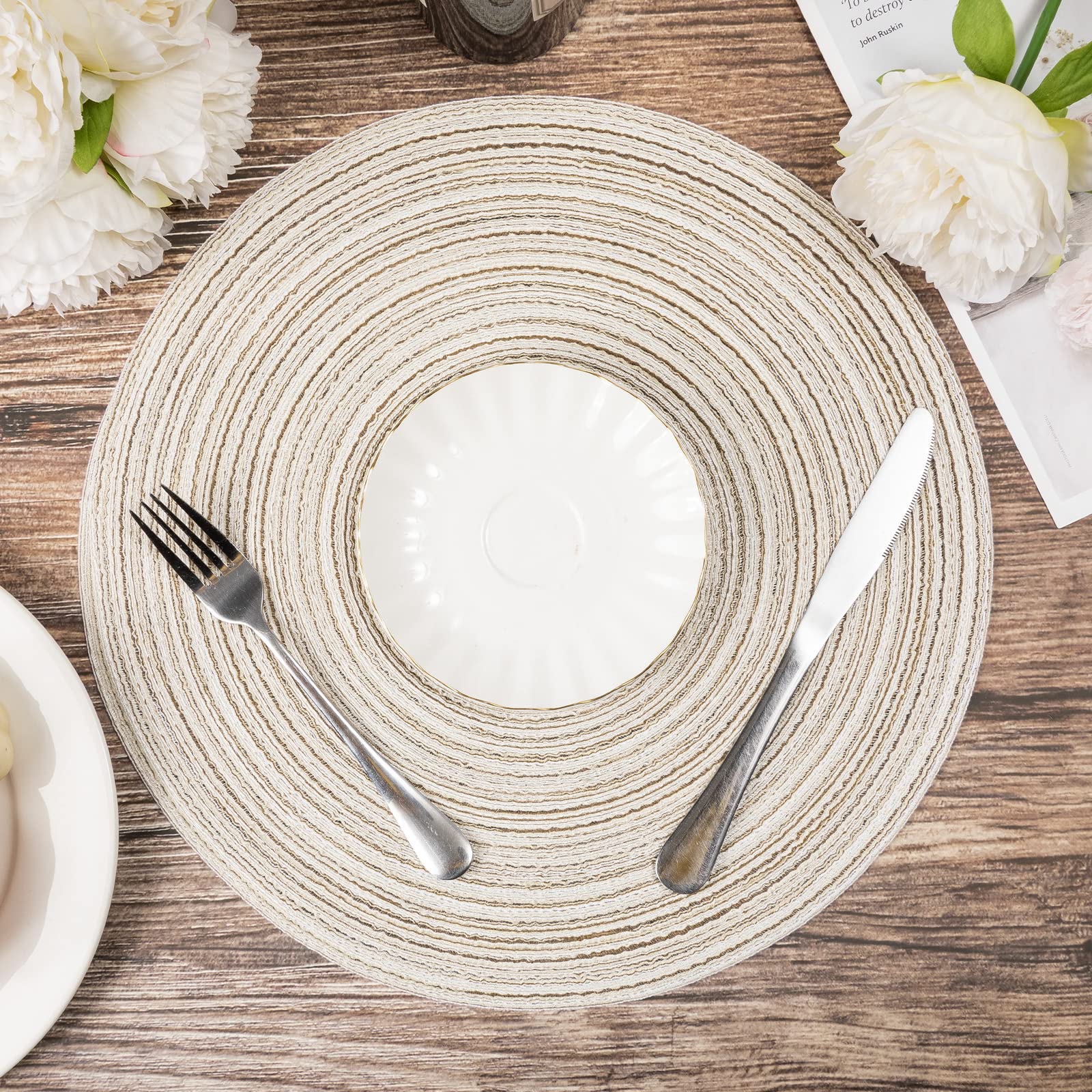 SHACOS Round Placemats Set of 6 Braided Circle Place Mat Washable 15 inch Table Mats for Kitchen Dining Table Mixed Color (Ivory, 6)