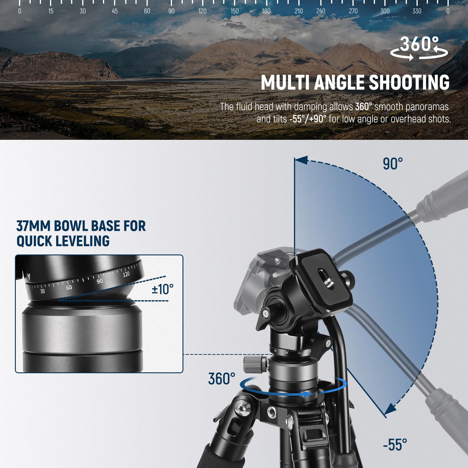 NEEWER 61.4" Video Travel Tripod with +/-10° Leveling Base Fluid Head (⌀37mm), Compact Metal Camera Tripod Stand with Quick Release Reversible Legs & Detachable Center Column, Arca Plate, TP61