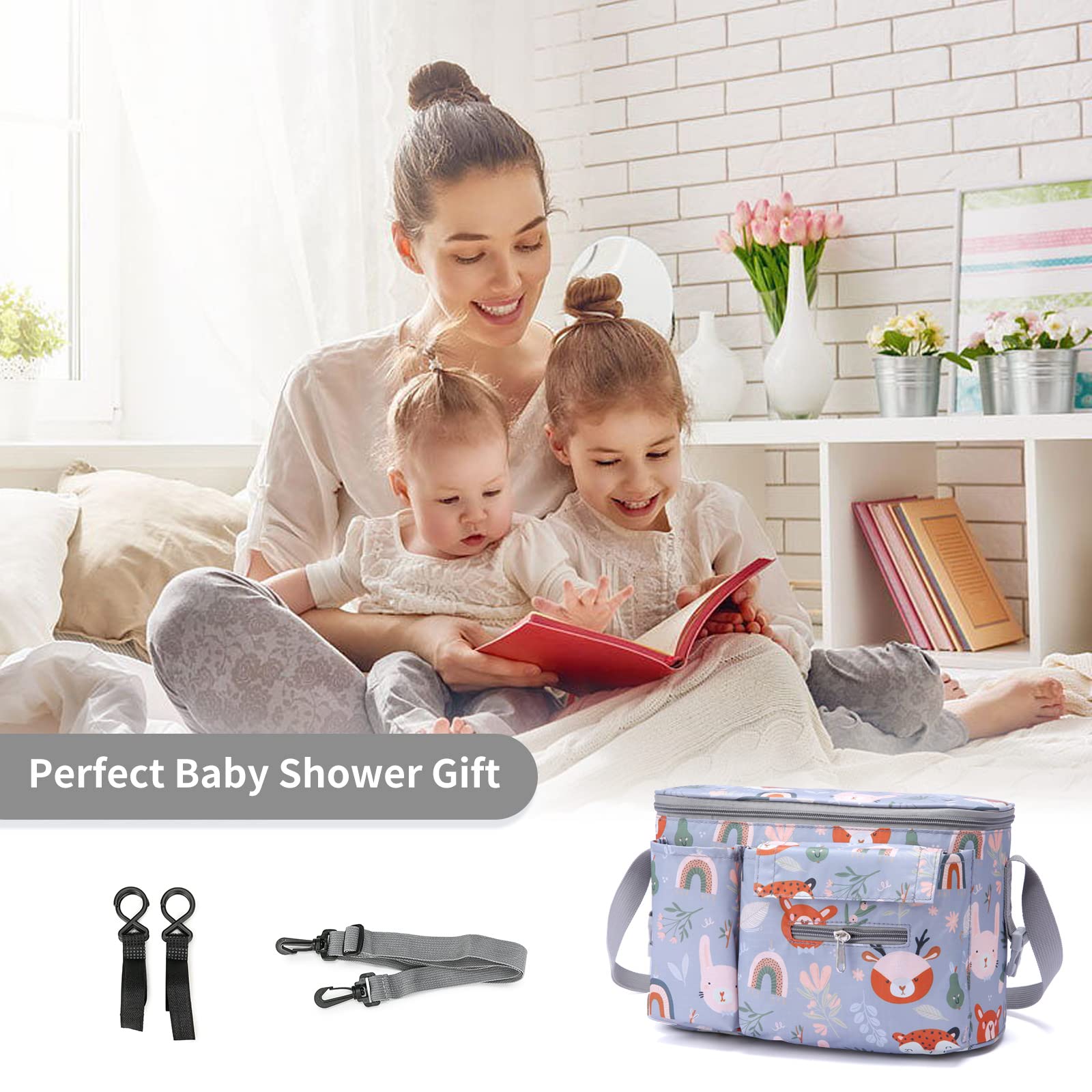 TRENDPLAY Diaper Bag Stroller Bag Diaper Organizer Caddy for Diapers, Can Be As Shoulder Bag, Adjustable Stroller Straps,Universal Fit Most Strollers, Animal