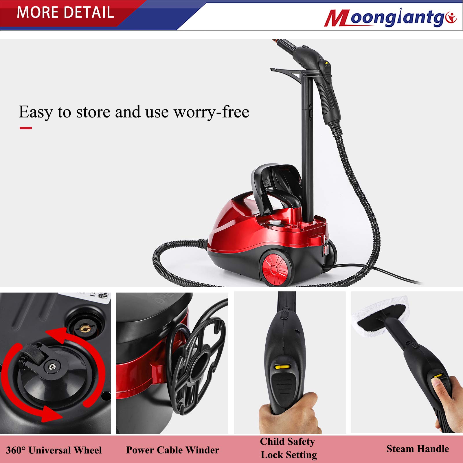 Moongiantgo 2000W Multipurpose Steam Cleaner Home Steam Cleaning Machine 1.5L Continuous Add Water for Kitchen House Chemical-Free Cleaning with Interchangeable Accessories (110V US Plug)