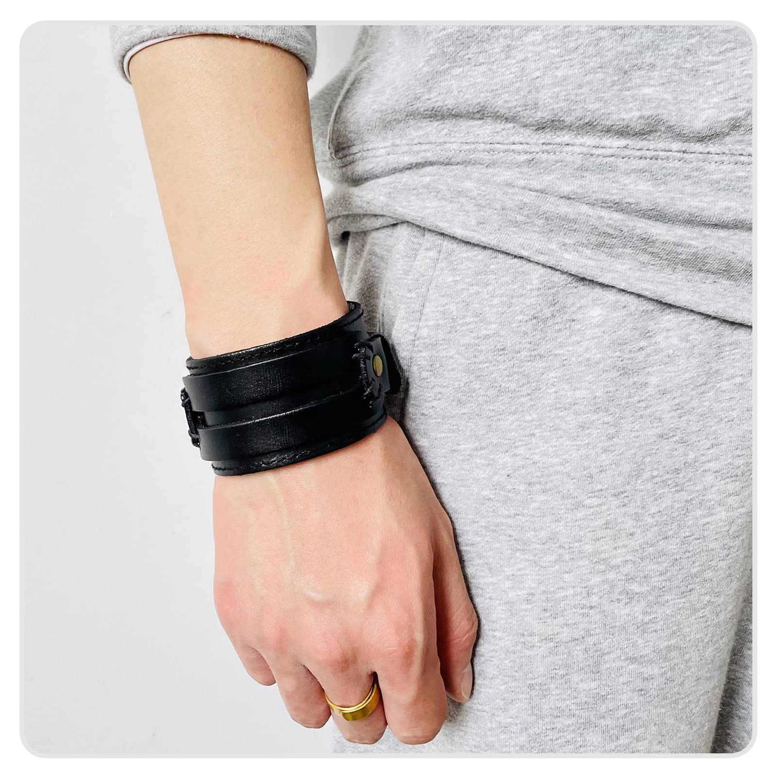 Nsitbbuery Hip Hop Snap Wristband Wide Leather Cuff Bracelet,7.5" Small Wrist(Black)