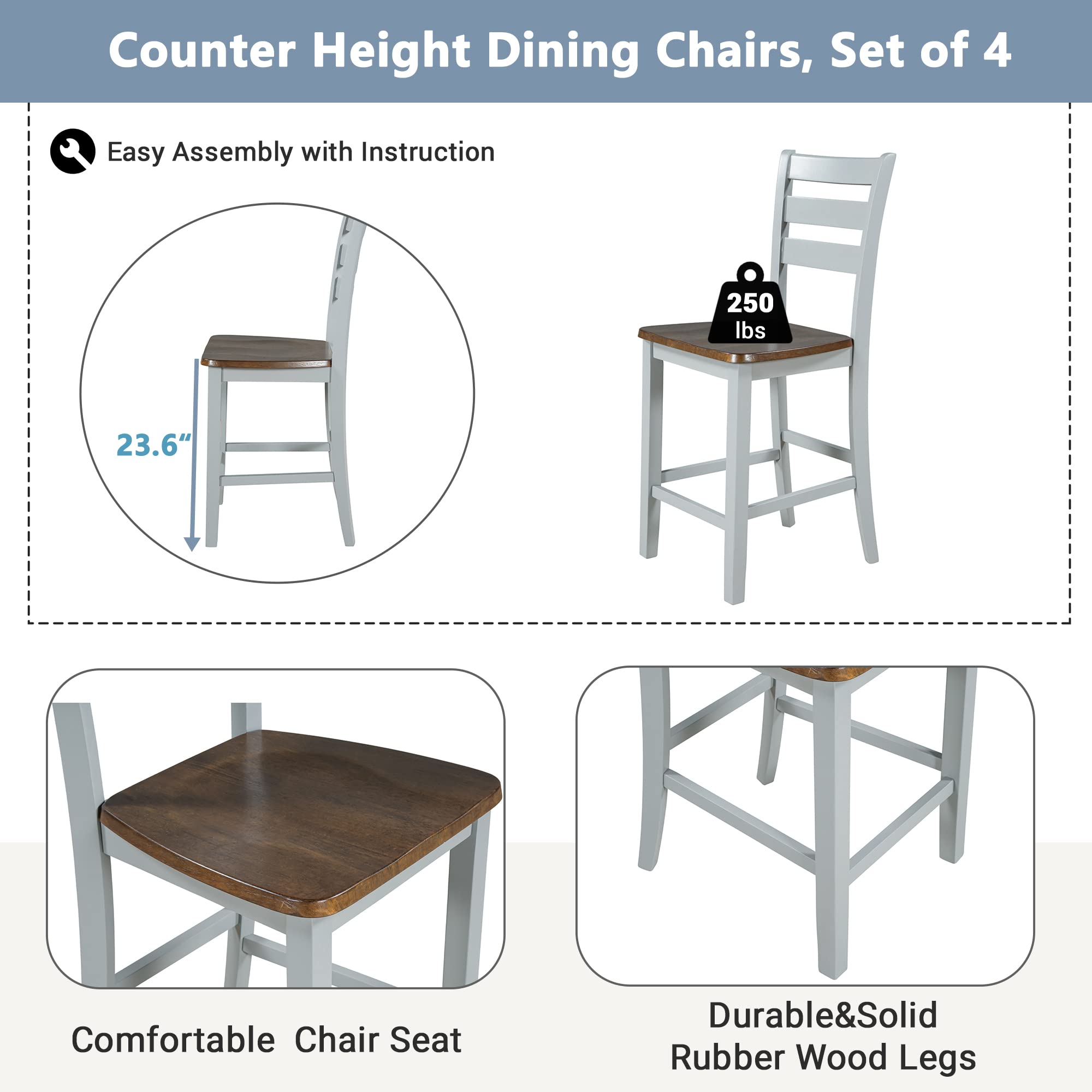 LIADTOP Set 5-Piece Farmhouse Drop Leaf 4 Counter Height Dining Chairs, Bar Table with Storage Shelf and Drawers for Kitchen, Breakfast Nook,Cherry+Gray
