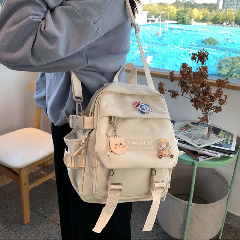 MUSICARD Girls Kawaii Backpack with Cute Pendant and Pins, Cute Mini Aesthetic Rucksack School Bag for Teens
