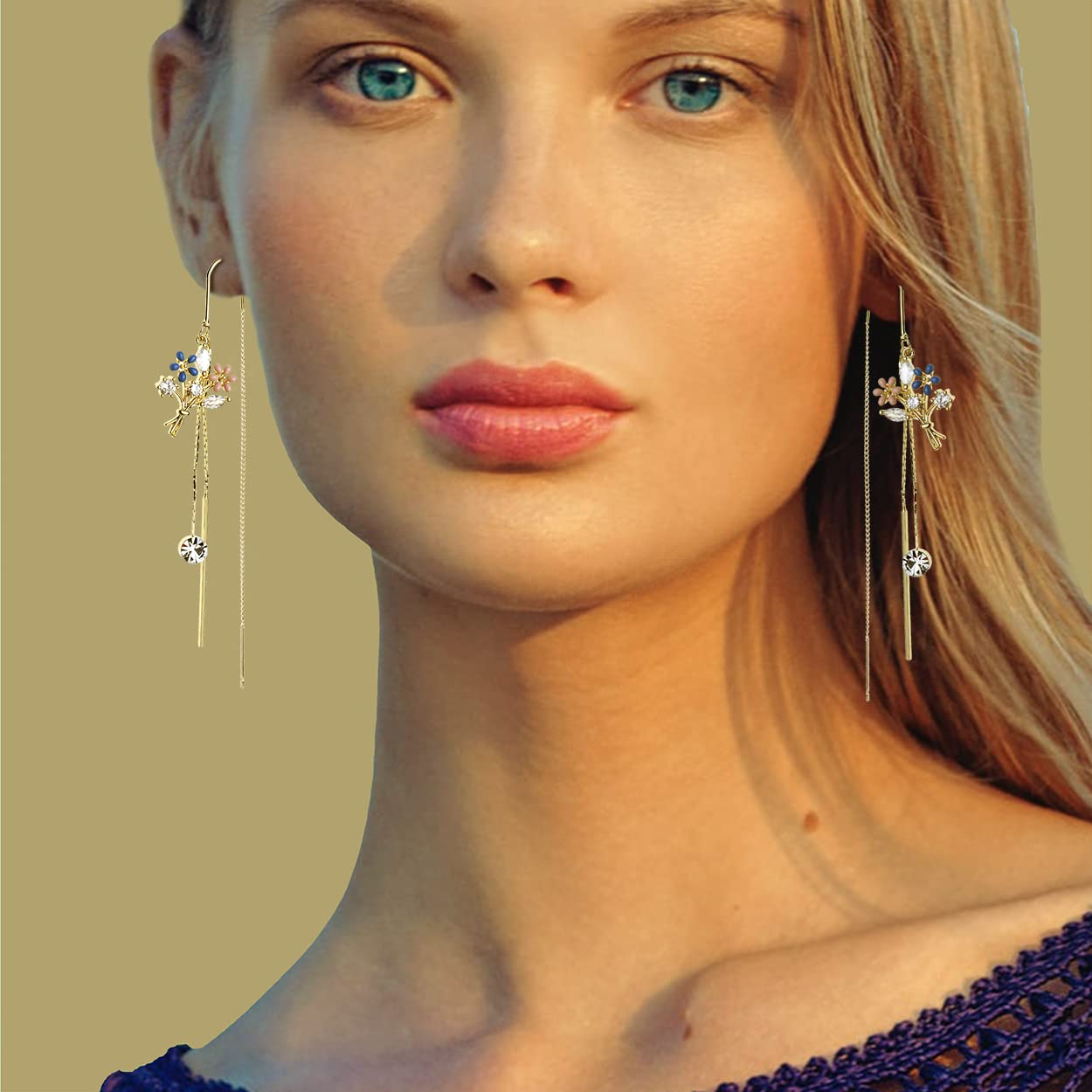 Sonateomber Colorful Daisy Flower Threader Earrings for Women Long Gold Chain Rhinestone Drop Dangle Thread Tassel Dangling Wedding Prom Jewelry Gift