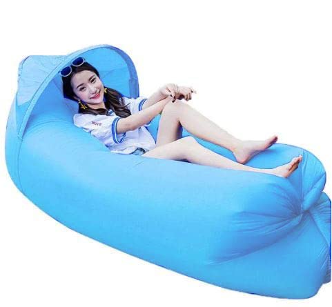 MoonShuttle Easy Portable Inflatable Lounger with Sunshade Cap Outdoor Travel Fast Air Inflatable Ship-Shaped Sleeping Bed Lounger for Camping Beach Lay (Sky)