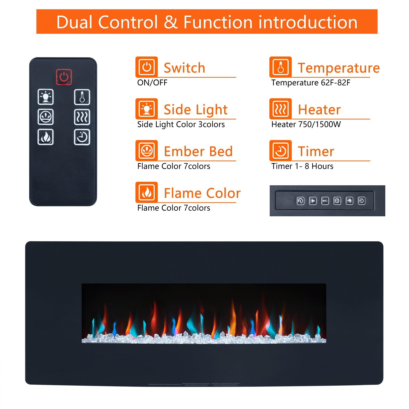Nilecc Electric Fireplace Insert, 36" in-Wall Recessed and Wall Mounted 1500 W Faux Fireplace Fit for 2X 4 and 2X 6 Stud with Remote Control, Log & Crystal