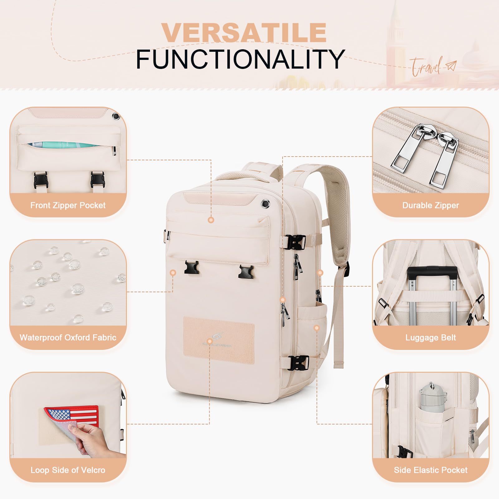 Maelstrom Travel Backpack for Women Men,25L Laptop Backpack Fits 17-Inch Laptop,Waterproof Carry On Backpack for Airplanes with Detachable Crossbody Bag&Shoe Compartment,Beige, Medium