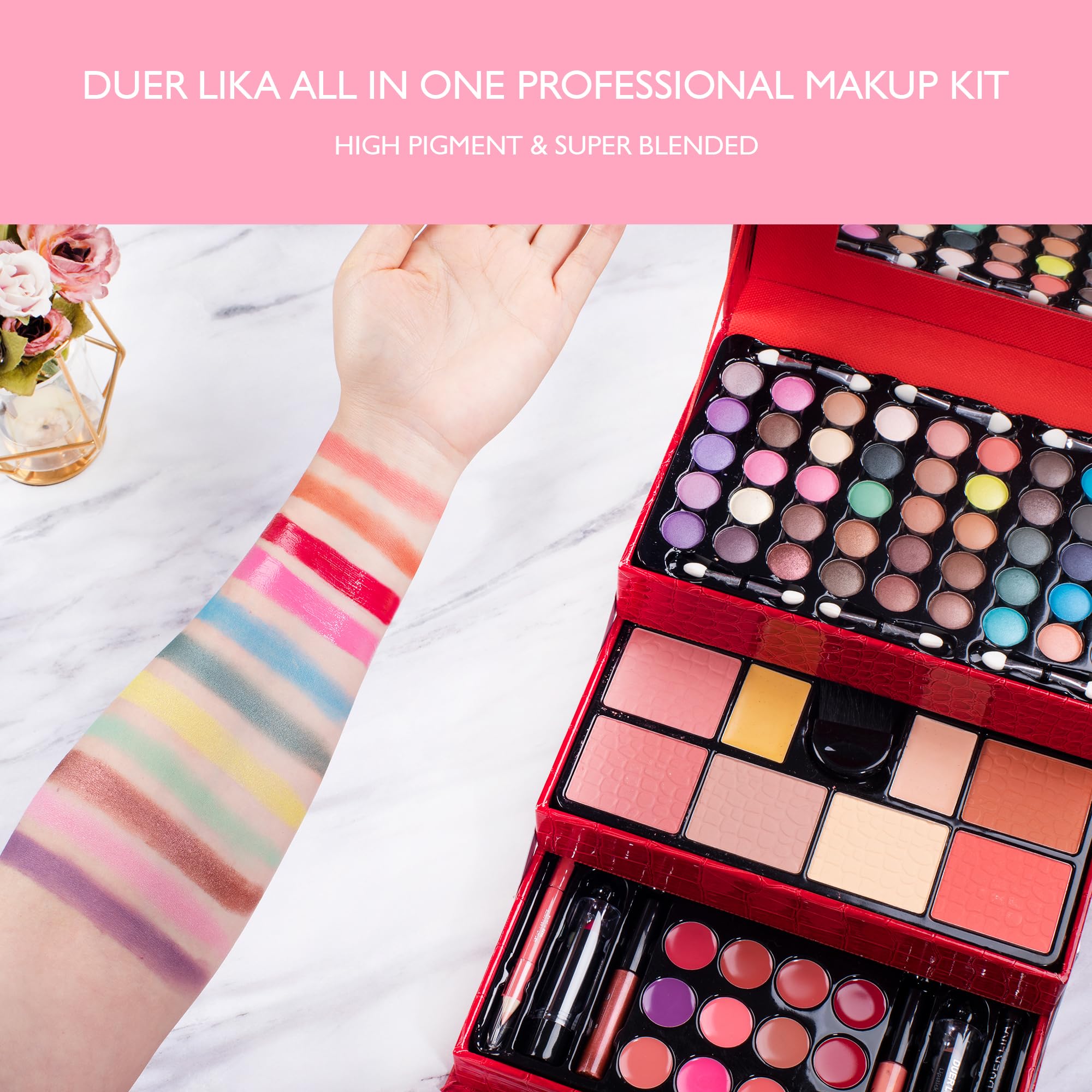 Maùve Professional Leather Train Case with Mirror Makeup Kit (Eyeshadow, Blushes, Powder, Lipstick & More) Holiday Exclusive MU12 (RED)