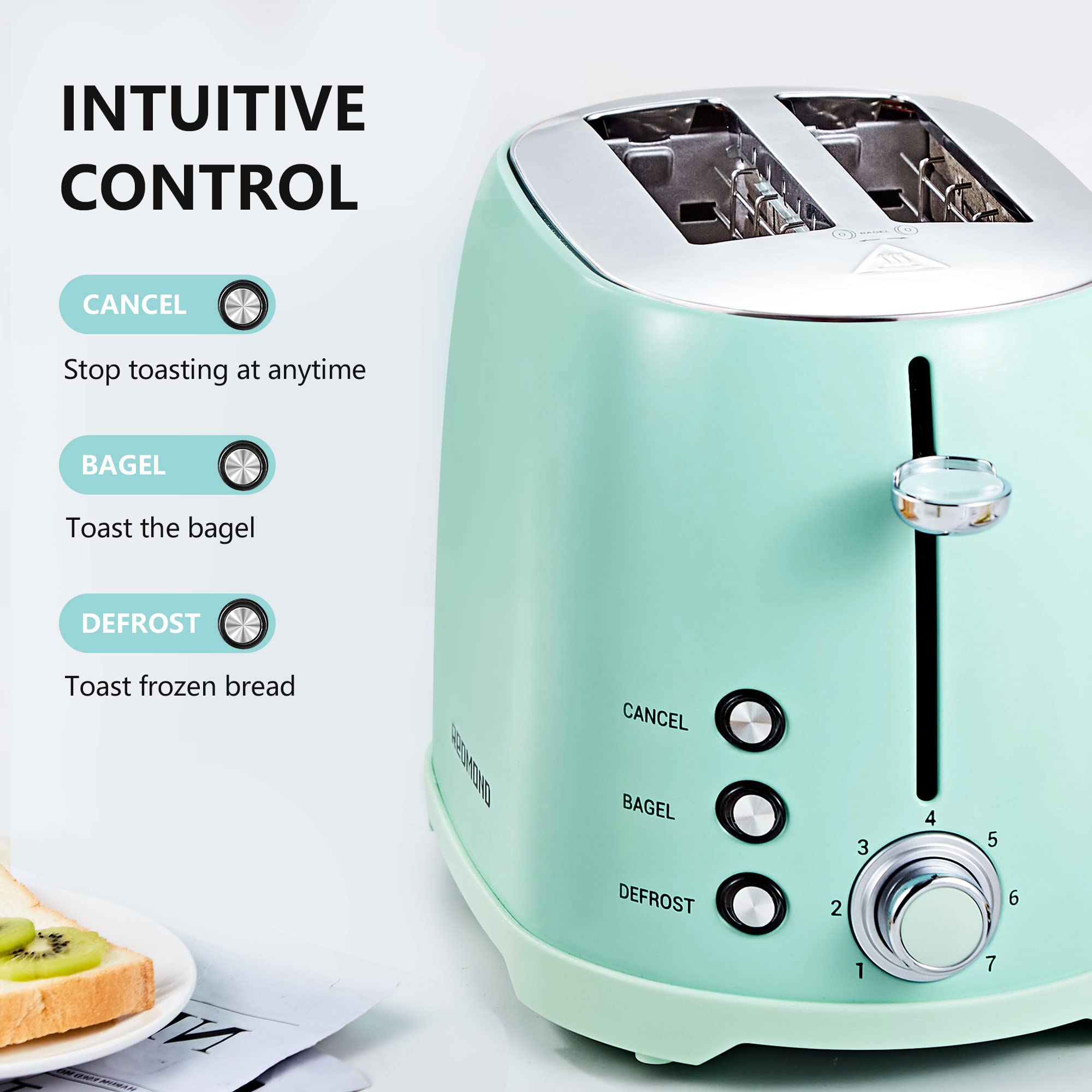 REDMOND Toaster 2 Slice, Retro Orange Stainless Steel Compact Bagel Toaster with 1.5β Extra Wide Slots, 7 Bread Shade Settings for Breakfast, 800W Tangerine