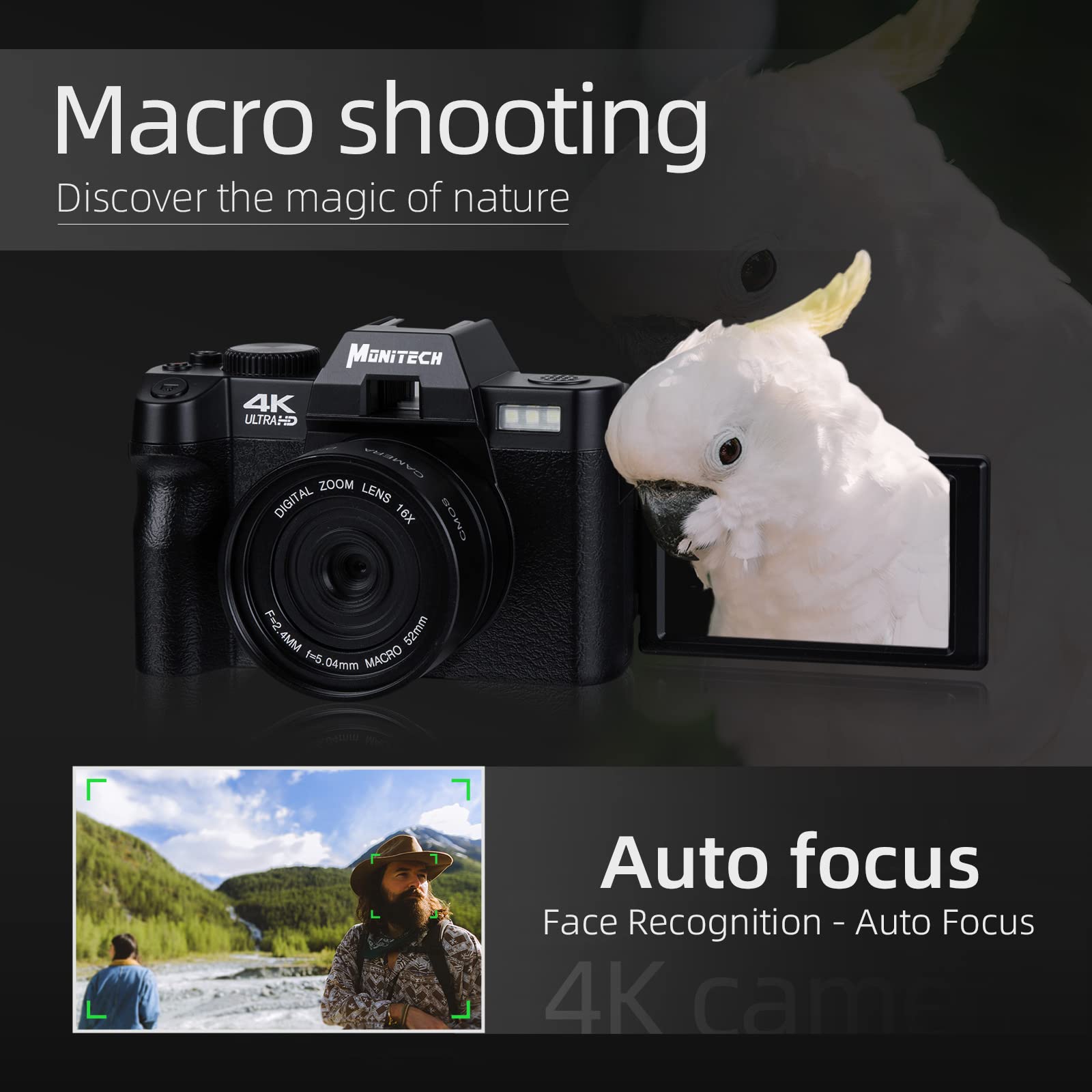 Monitech Digital Camera for Photography and Video,4K 48MP Vlogging Camera for YouTube with 180° Flip Screen,16X Digital Zoom,52mm Wide Angle & Macro Lens, 2 Batteries, 32GB TF Card