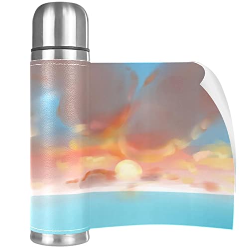 Stainless Steel Leather Vacuum Insulated Mug Sky Thermos Water Bottle for Hot and Cold Drinks Kids Adults 16 Oz
