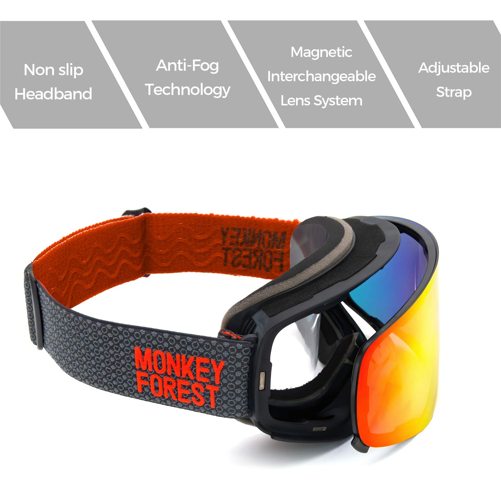 MONKEY FOREST Ski Goggles,Interchangeable Lens Anti-Slip Strap Snowboard Goggles