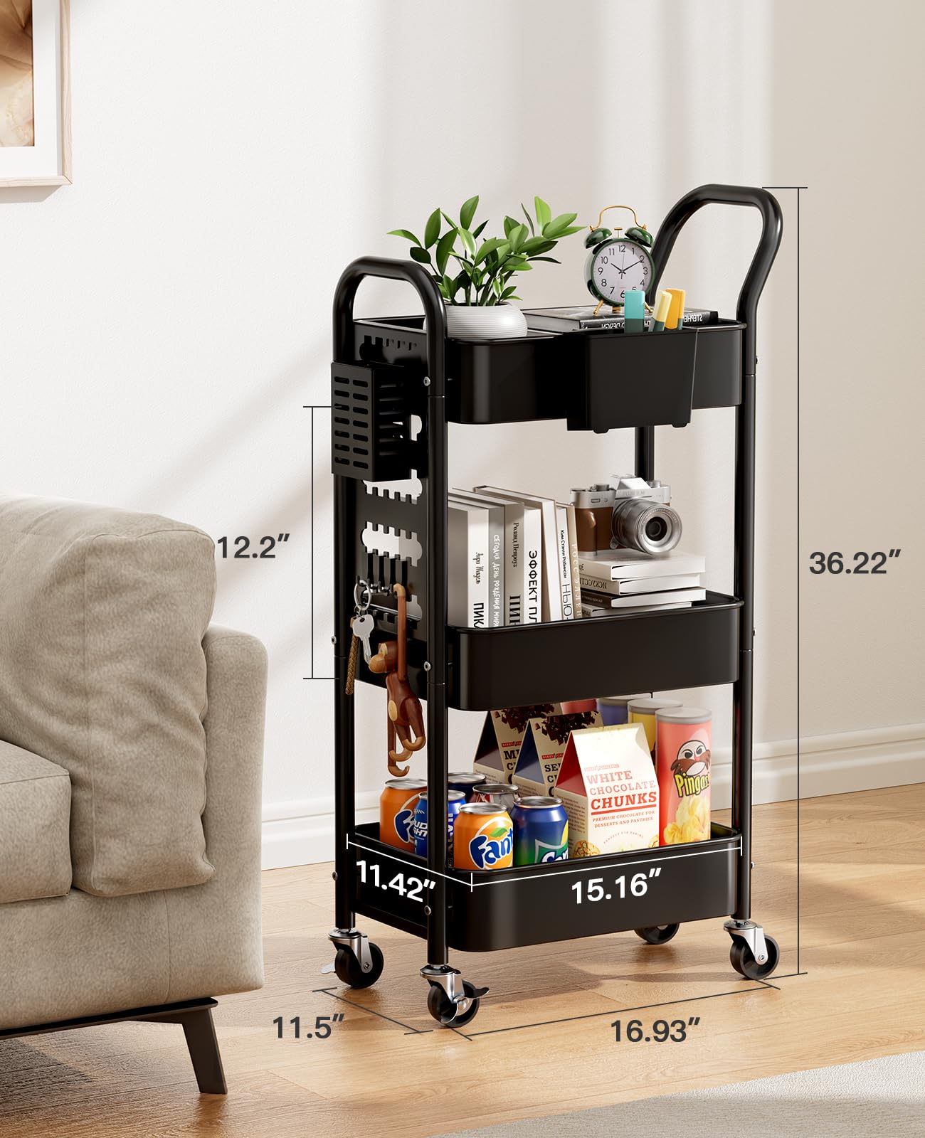 Pipishell 3-Tier Rolling Cart, Metal Utility Cart with Pegboard, Lockable Wheels & U-Shaped Handle, Storage Cart with 2 Hanging Cups & 4 Hooks for Living Room, Bedroom, Kitchen, Office (Black)