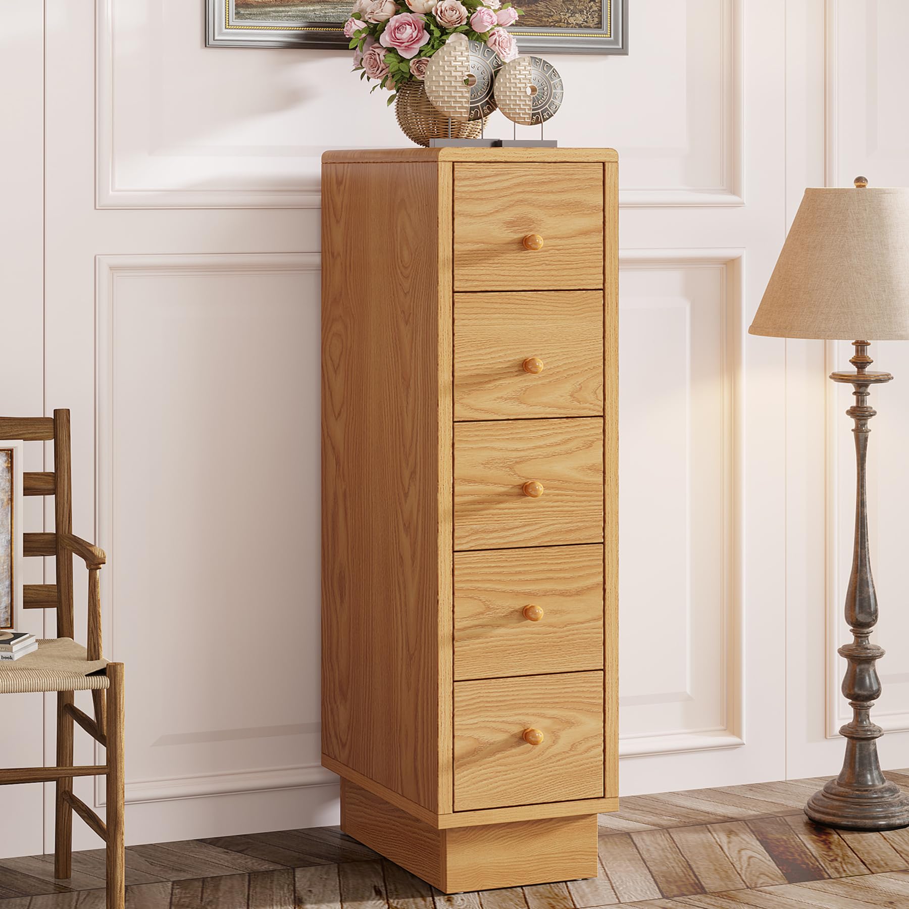 Tribesigns 5-Drawer Dresser, Wood Narrow Dresser for Bedroom, Tall Skinny Dresser Chest of Drawers, Slim Storage Drawers Organizer Lingerie Chest for Small Spaces, Bathroom, Closet, Oak
