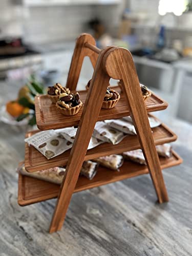 Wooden Tiered Serving Tray Wood 3 Tier Trays Stand Rectangular Cupcake Platters Collapsible Detachable Dessert Cake for Fruit Appetizers Tea Party Entertaining Food Buffet Wedding Farmhouse Decorative