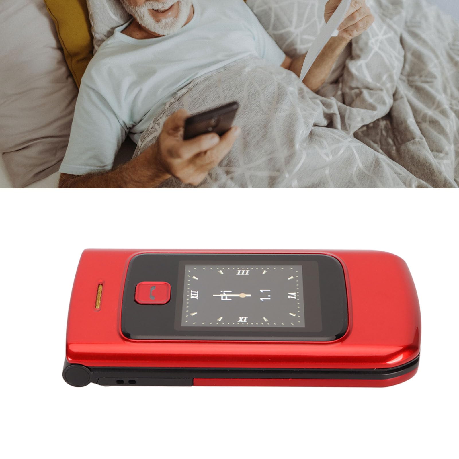 LJCM Dual Card Flip Phone, 2.6 Inch Main Screen 1.77 Inch External Color Screen Metal ABS 4G Senior Flip Phone GPS Positioning for (Red)