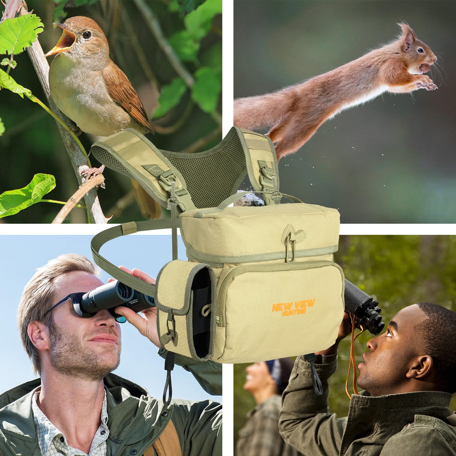 NEW VIEW Binocular Harness Chest Pack with Detachable Rangefinder Pouch, Adjustable Bino Harness & Rain Cover - Ideal for Bird Watching, Hunting, Hiking-Camo M