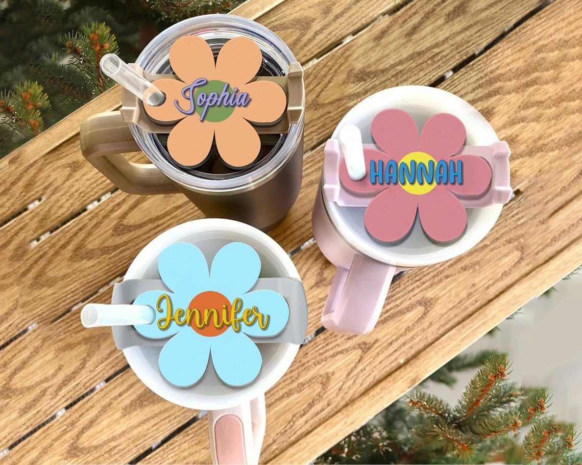 Personalized Stanley Tumbler Topper, Flower Stanley Topper, Stanley Cup Accessory, Tumbler Name Tag