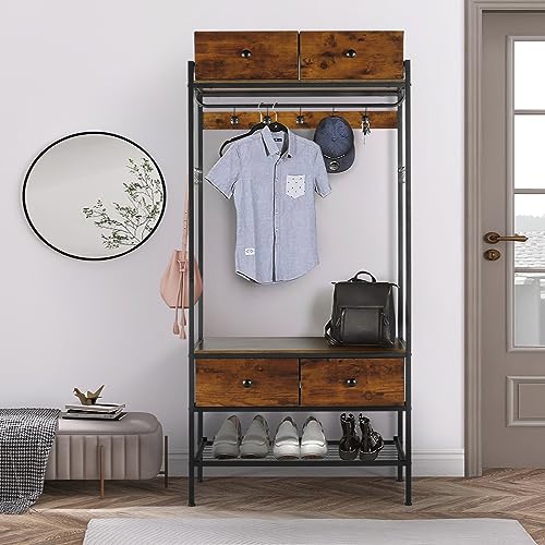 YIGOBUY Free Standing Coat Rack Hall Tree with Industrial Garment Rack with Shelves Drawers and Hooks, Small Clothes Rack for Bedroom, Living Room,Entryway Rustic