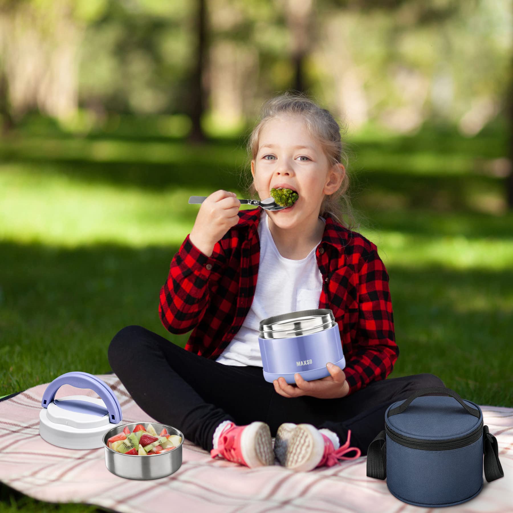 MAXSO Soup Thermo for Hot Food - 24 oz Vacuum Insulated Lunch Container with Foldable Spoon & Thermal Bag, Wide Mouth Bento Box for Adults (Purple)