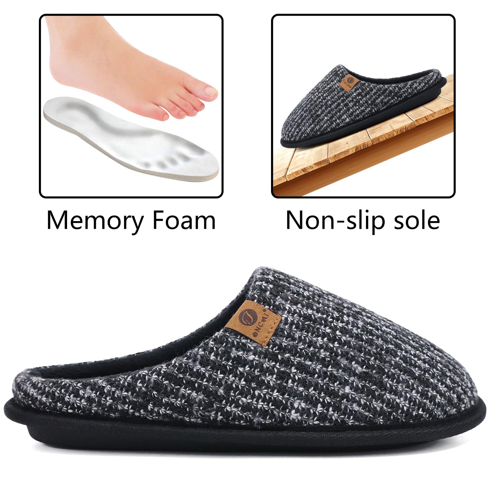 ONCAI Mens Black Knit Stripes Cozy Memory Foam scuff Slippers Slip On Warm House Shoes Indoor/Outdoor With Best Arch Surpport Size 11