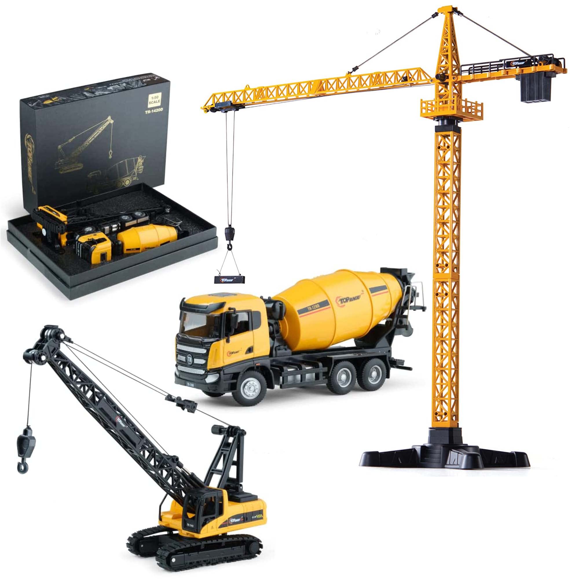 Top Race Metal Diecast Tower Crane & 2 Construction Trucks - Metal Construction Vehicles Model Toy for Kids and Adults
