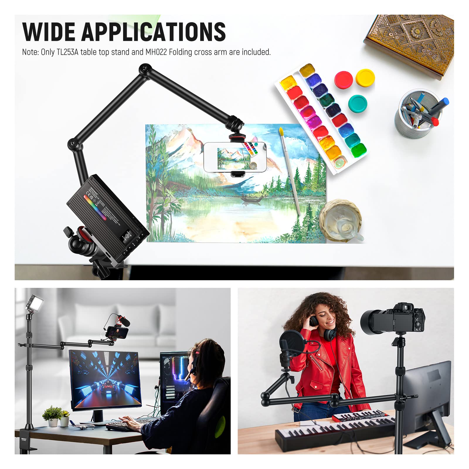 NEEWER Upgraded Tabletop Camera Mount Stand with 3 Section Flexible Arm, Overhead Height Adjustable Stand Mount with Phone Holder, Ball Head for DSLR Camera, Phone, LED Light, Webcam, TL253A+MH022