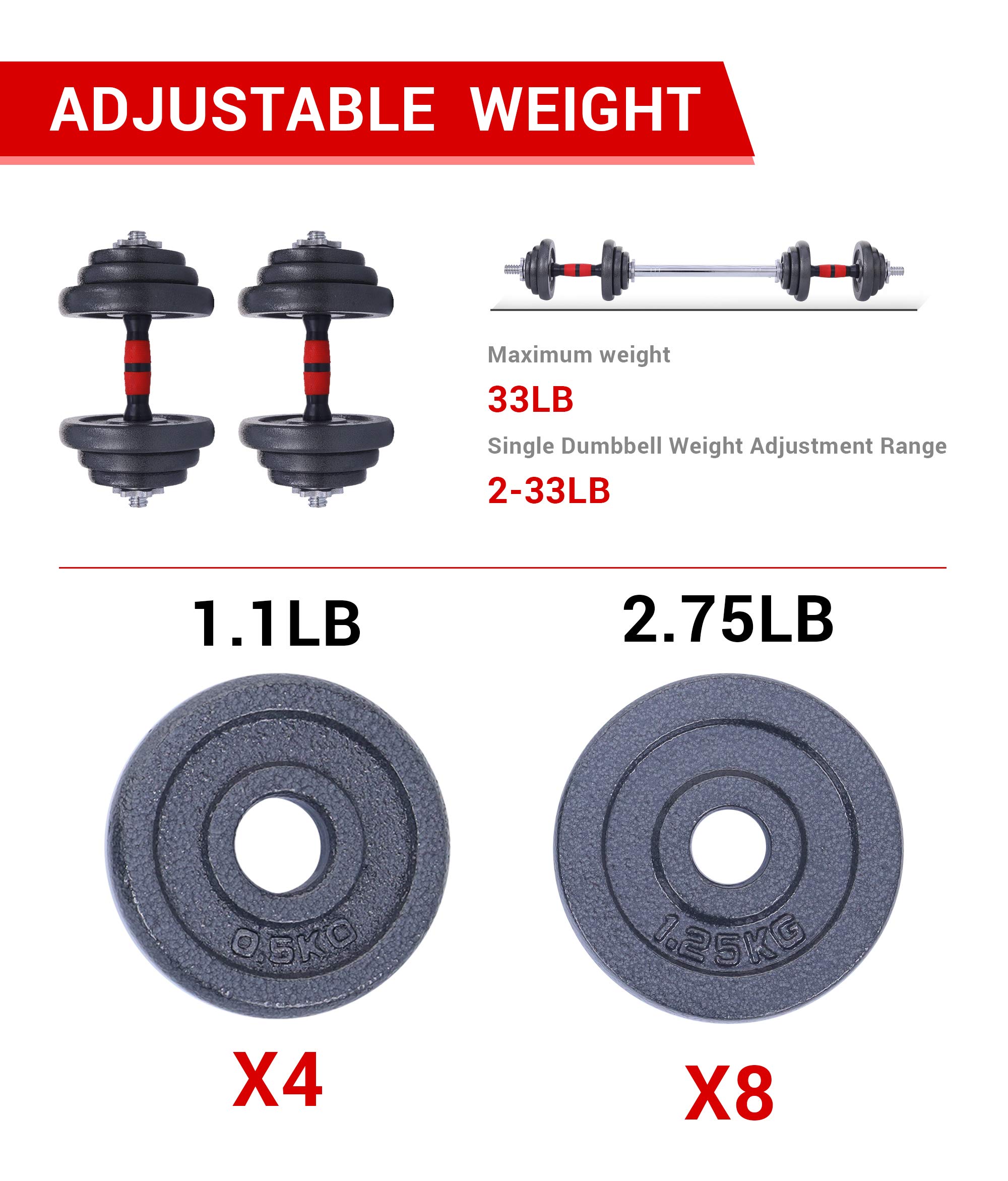Nice C Adjustable Dumbbells, Barbell Weight Set, Dumbbell Set, Weights Adjustable 22/33/44/66/105 Lbs Home Gym 2 in 1, Anti-Slip Handle, All-Purpose, Office, Fitness