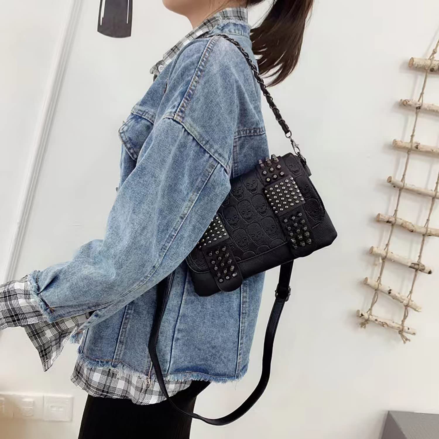 Studded Skull Messenger Bag for Women, Vegan Punk Chain Bag Gothic Purse Shoulder Crossbody Rivet Handbag