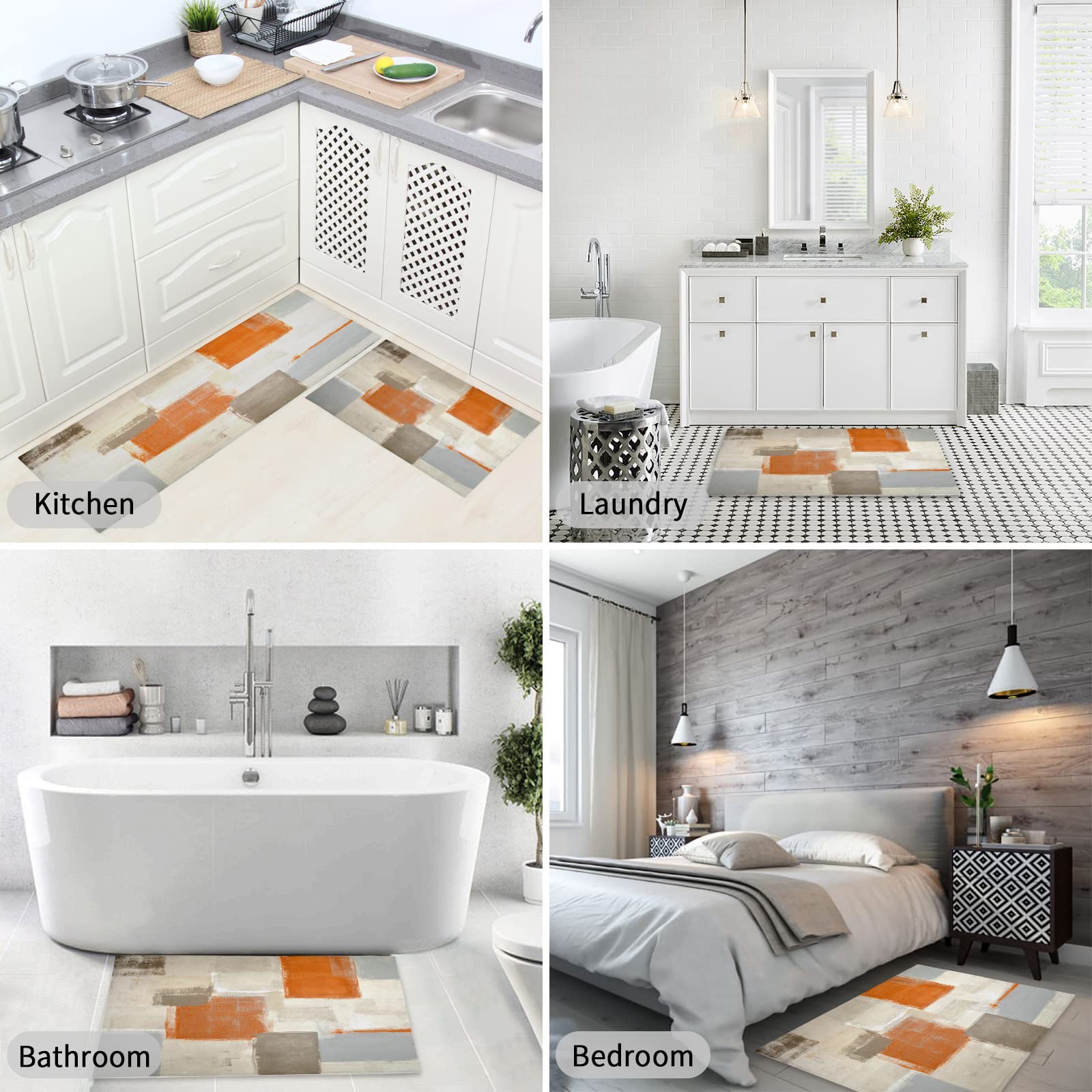 Orange Kitchen Rugs and Mats Set of 2, Orange Brown Beige Non-Skid Soft Absorbent Kitchen Mats Set for Floor, Modern Art Comfort Runner Rug Carpets for Sink, Laundry, Hallway, Dinning Room, Office