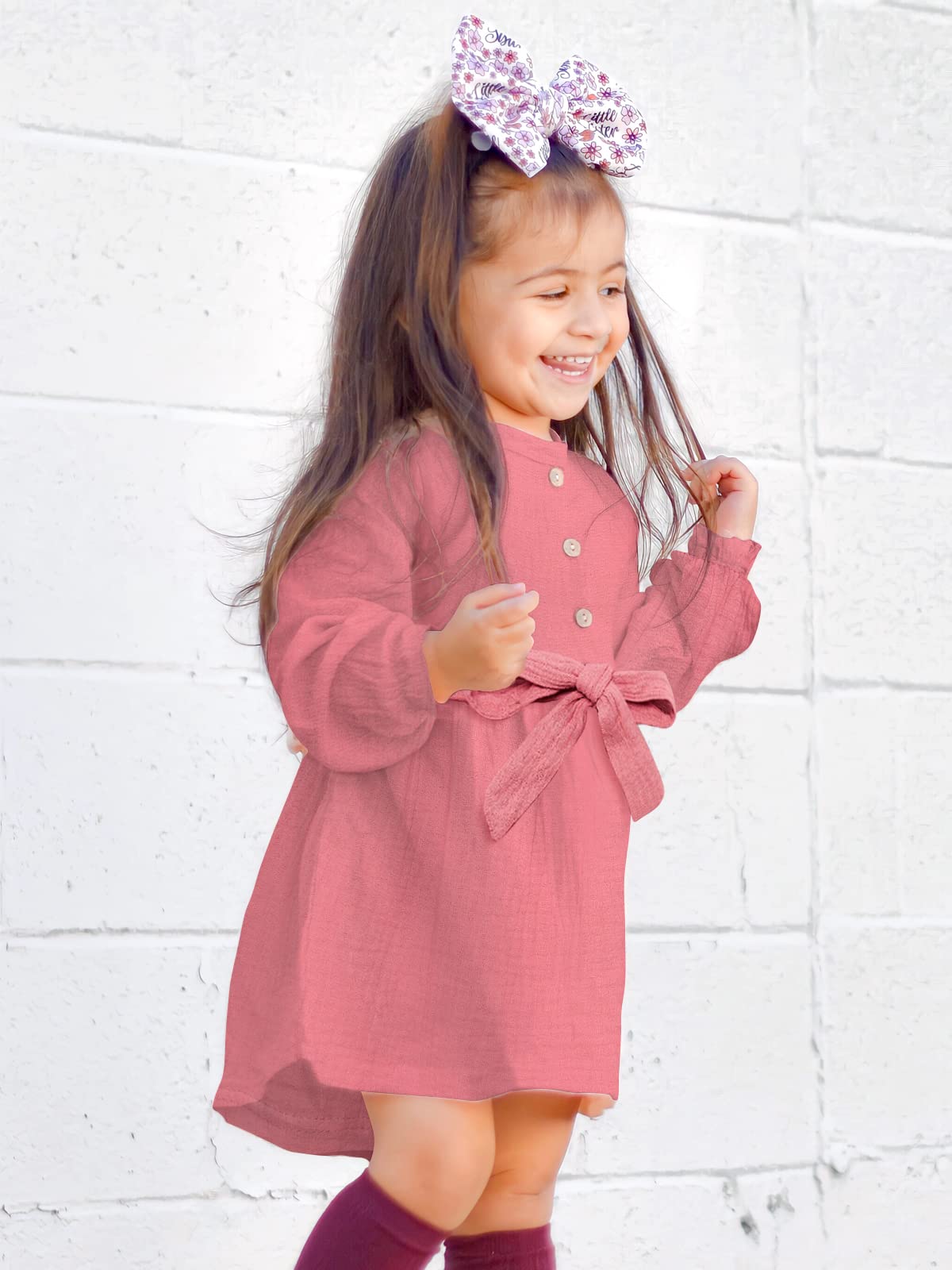 Toddler Pink Dress Long Sleeve Dress Size 4 5 Cotton Linen Plain Button Down Vintage Dresses Tea Party Bow Belt Spring Fall Dresses 4T 5T