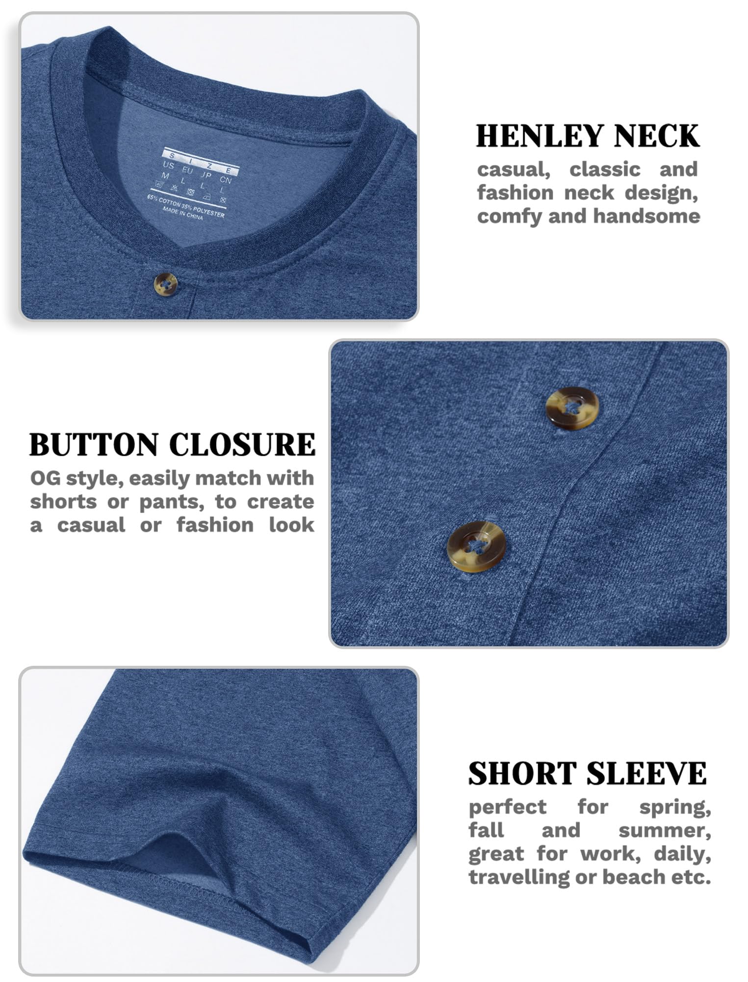 MAGCOMSEN Short Sleeve Henley Men Cotton Lightweight 3 Button Tops Vintage Casual Summer Shirt Soft Fashion Grey Blue M