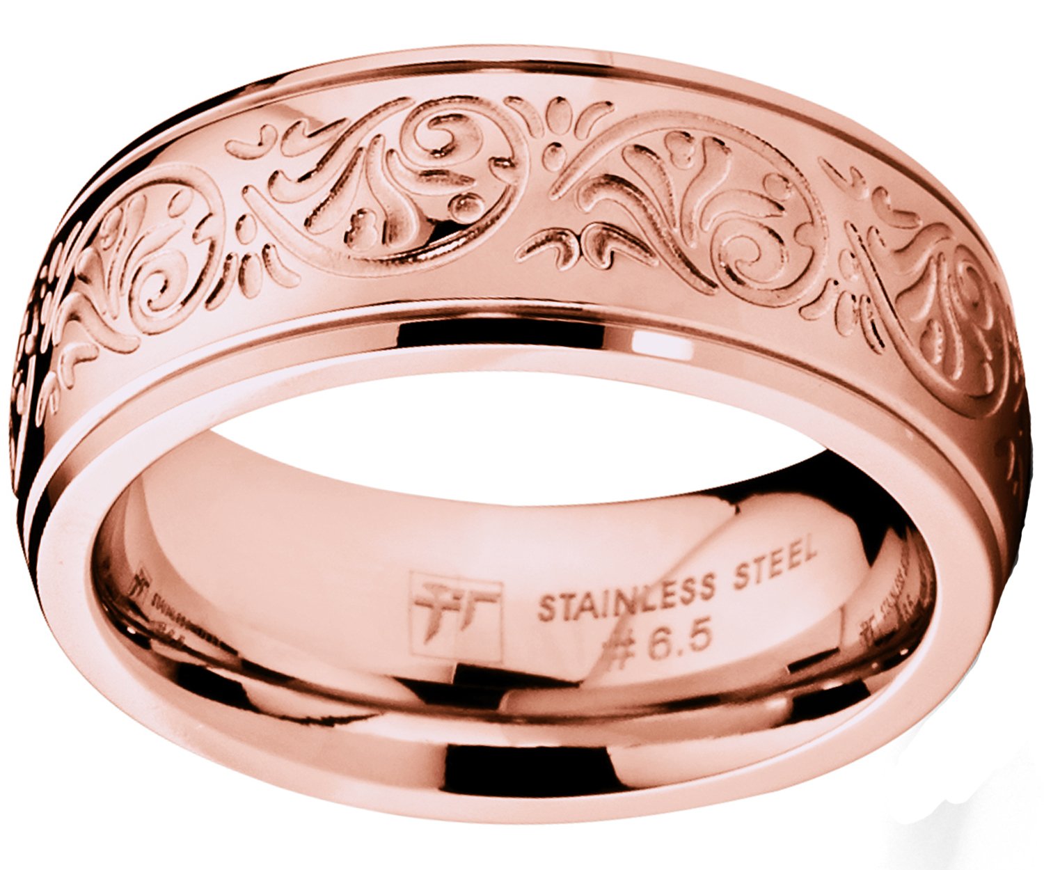 Metal Masters RoseTone Pink Women's Stainless Steel Ring Wedding Band with Engraved Florentine Design 7mm 6