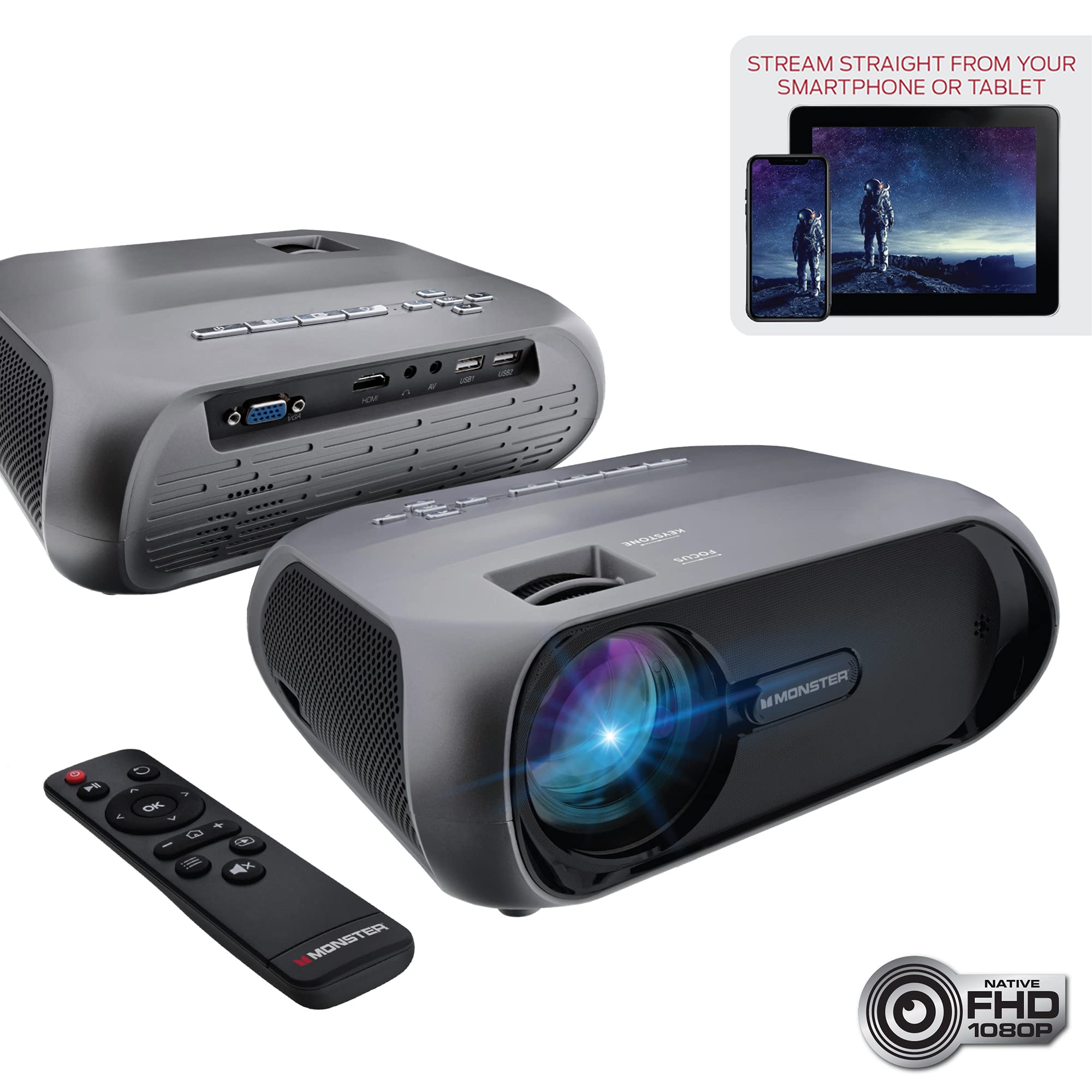 Monster Vision 1080P Image Stream Projector and 120” Portable Screen, 2500 Lumens, Universal Video/Audio/Photo Format Support, Wireless Device Mirroring, Stream Videos/Photos from Android/iOS Devices