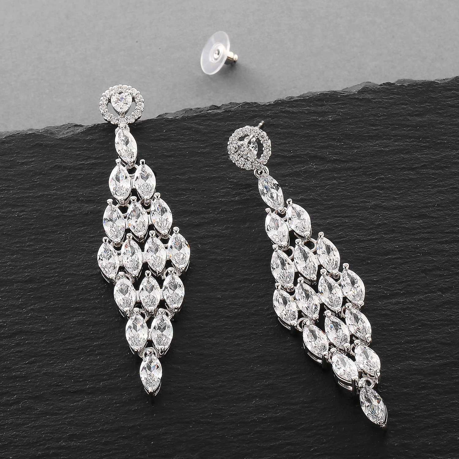 Mariell Spectacular Cubic Zirconia Bridal or Formal Chandelier Earrings with Marquis Cluster Dangles
