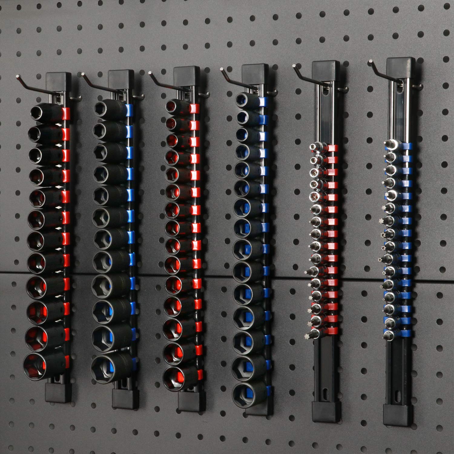 Mayouko ABS Socket Organizer Drive Socket Holder, 1/4” Drive x 32 Clips, 3/8” Drive x 30 Clips, 1/2” Drive x 24 Clips,Portable Socket Clip Rail Holder, 6 Pieces Set