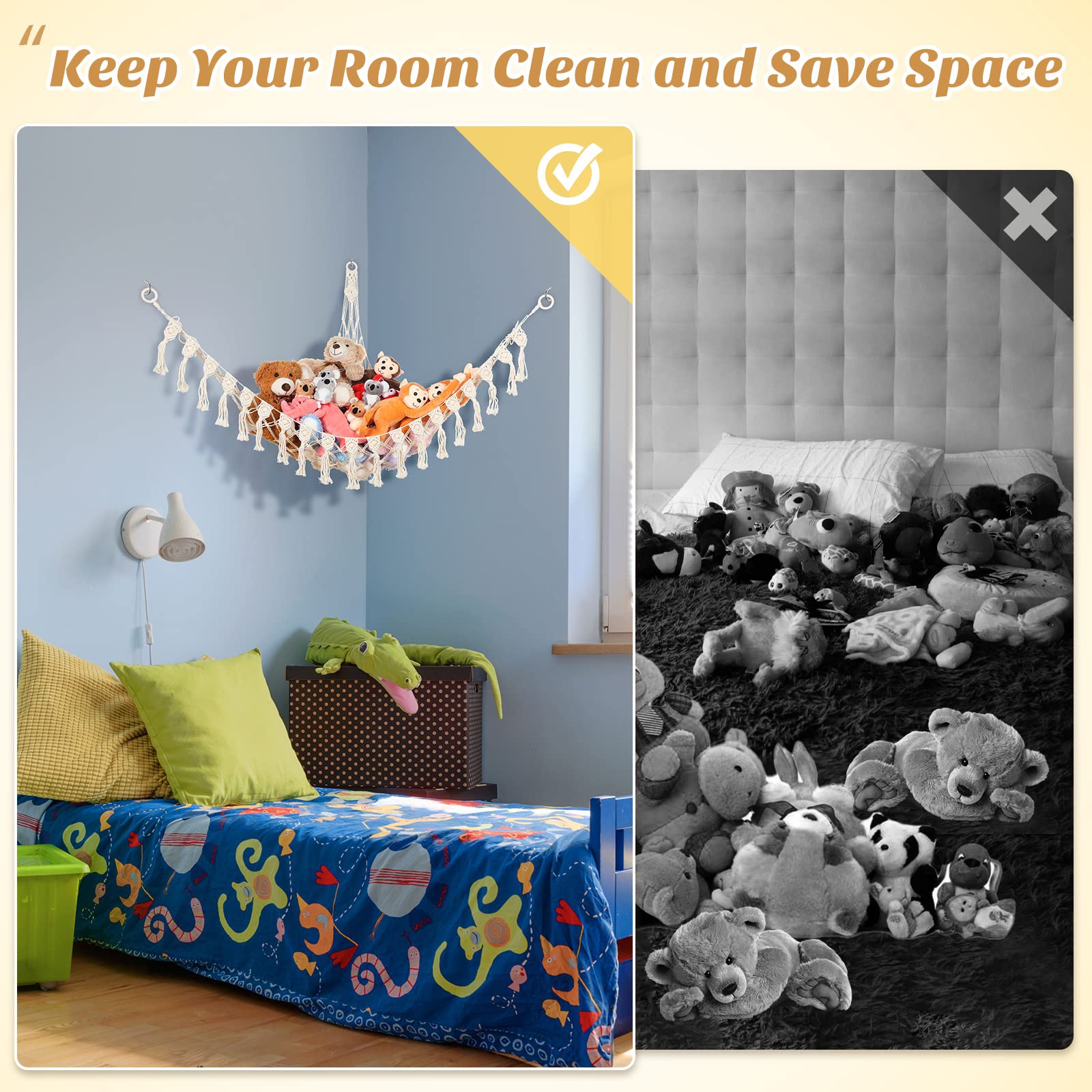 Stuffed Animal Net or Hammock, Stuffed Animal Storage Hammock for Wall with LED Light - Boho Hanging Plush Toy Organizer Corner Net for Kids Bedroom Large Capability Toy Hammock
