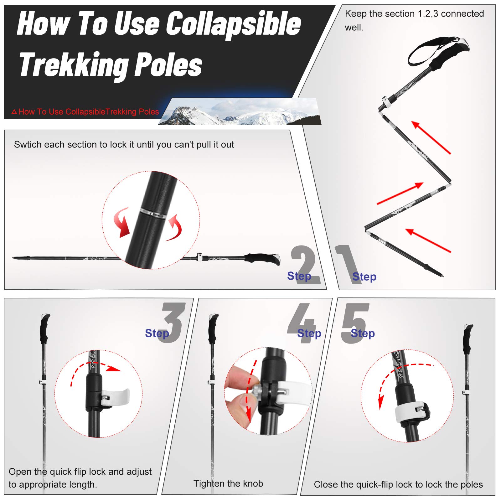 R2Depot Trekking Poles 2 Pack, Adjustable Collapsible Hiking Poles, Lightweight Aluminum 7075 Folding Hiking Poles with A Headwear (Blue)