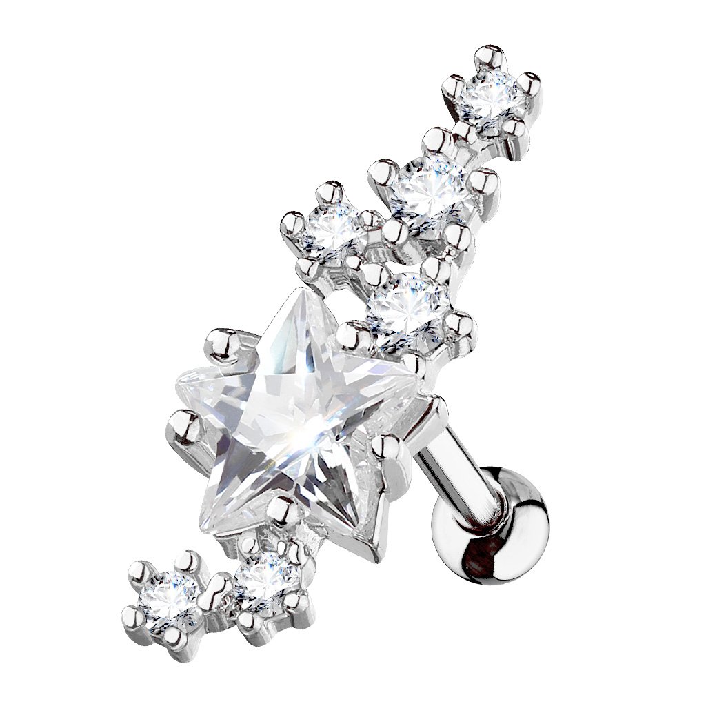MoBody 16G Lined Cluster CZ Stars with Large Star Center Tragus Earring Stud Surgical Steel Cartilage Helix Piercing (Silver-Tone with Clear CZ)