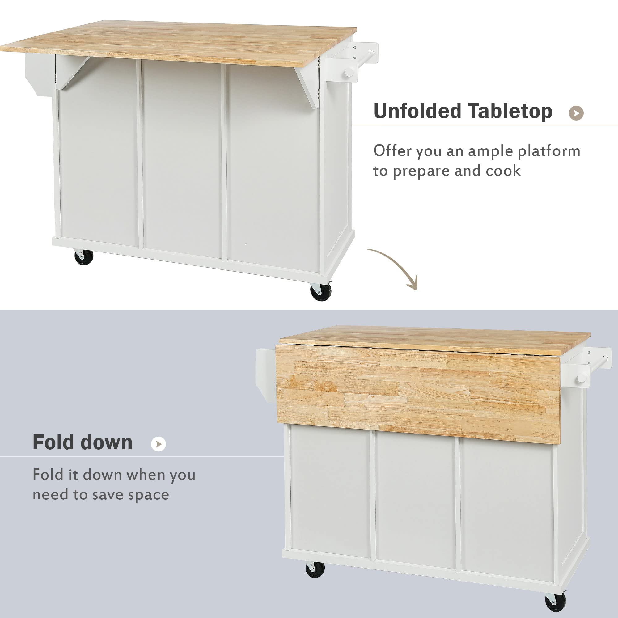 MACHOME Mobile Kitchen Cart Island Table on Wheels with Storage Cabinet, Rolling Kitchen Island Cart with 4 Door Cabinet and Two Drawers, Solid Wood Top Coffee Bar for Dining Room, White