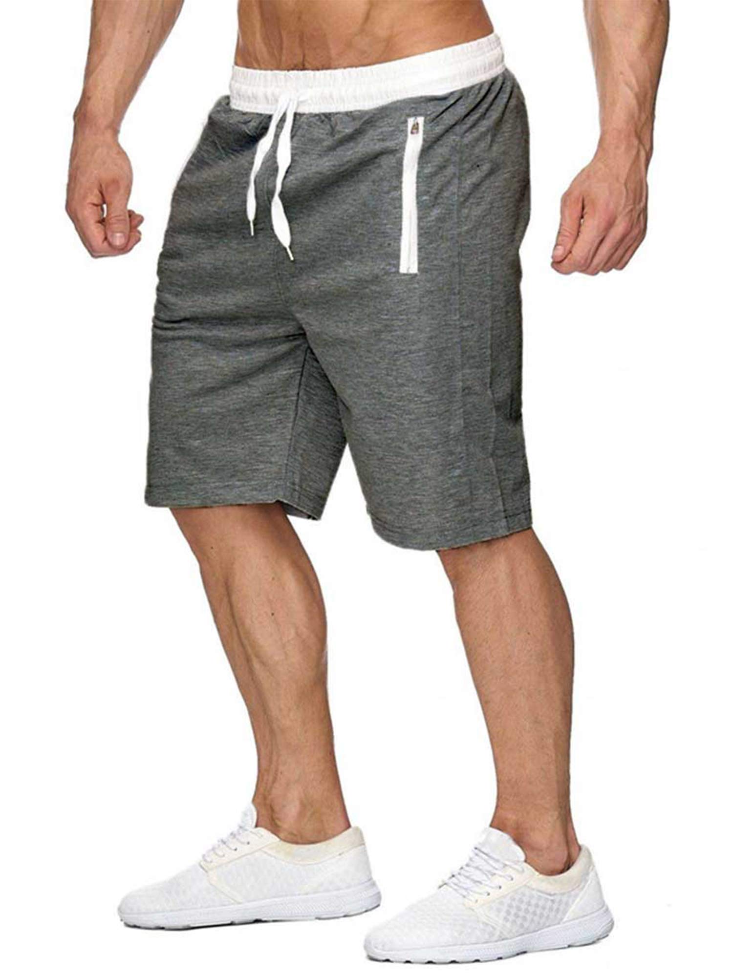 Newbby Mens Elastic Waist Drawstring Joggers Sweat Short Pants Summer Workout Shorts with Zipper Pockets (L, Dark Grey Mens Shorts)