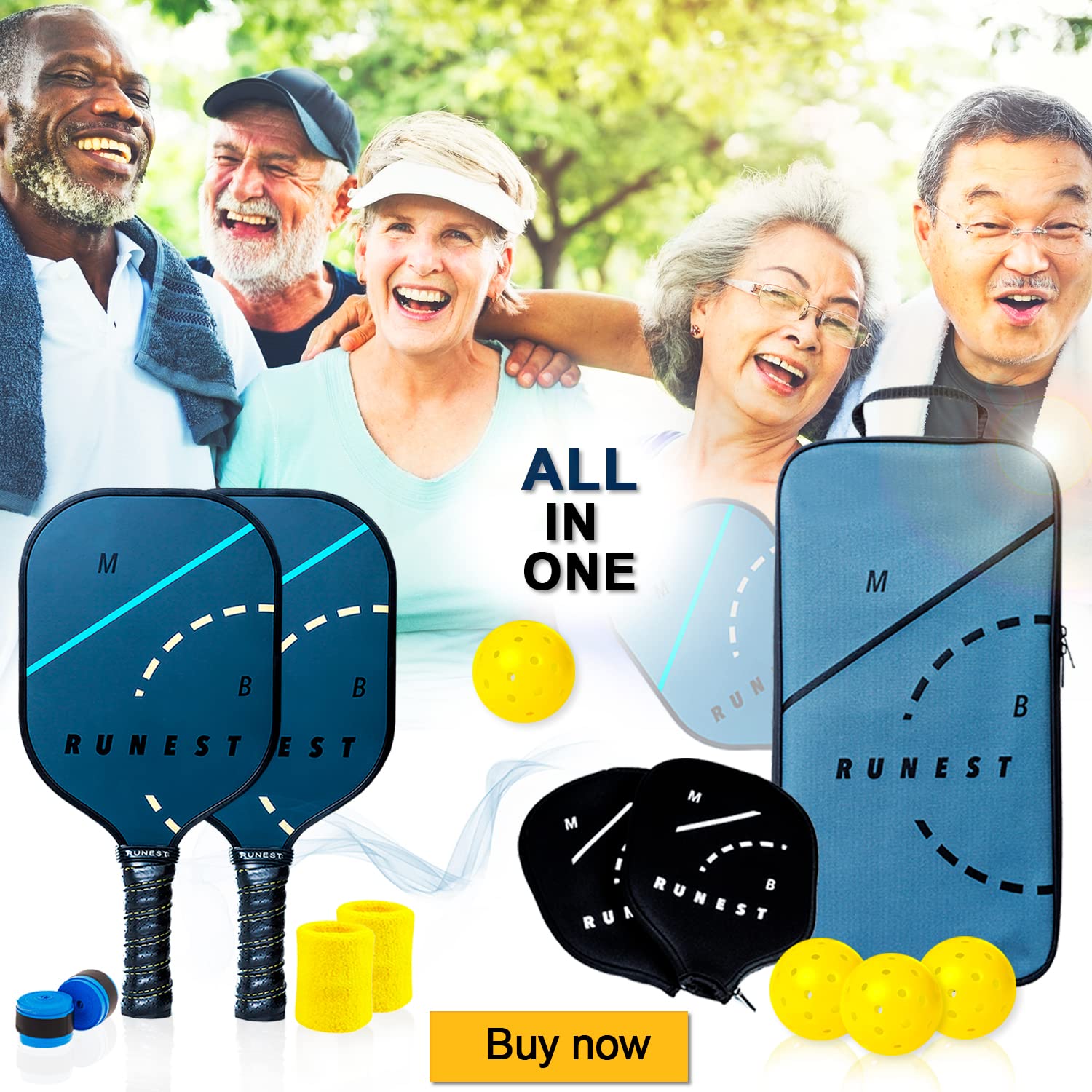 MB RUNEST Pickleball Paddles Set with Bag and Covers - Lightweight Rackets with Composite Honeycomb Core, Premium Graphite Face, Covers, Extra Grips & 4 USAPA Approved Outdoor Balls