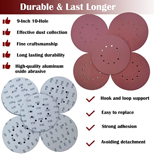 Tonmp 35 Pack 9 Inch 10 Hole Drywall Sanding Discs Set- 40 60 80 120 150 180 240 Grits Hook-and-Loop Aluminum Oxide Abrasive Sander Paper for 9" Drywall Sander