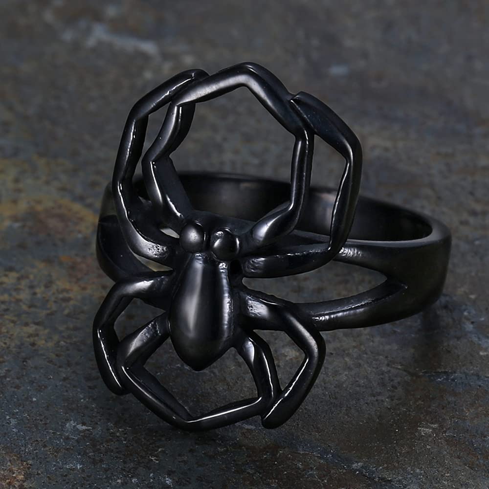 Retro Vintage Stainless Steel Fat Spider Halloween Cocktail Party Biker Ring (Black, 7)