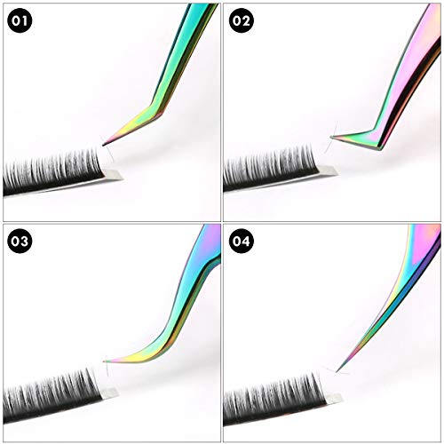 Nibiru Eyelash Extension Tweezers Set, 4 PCS Stainless Steel Curved Tip Precision Tweezers Anti-static Professional Makeup Tool (4pcs, Rainbow)