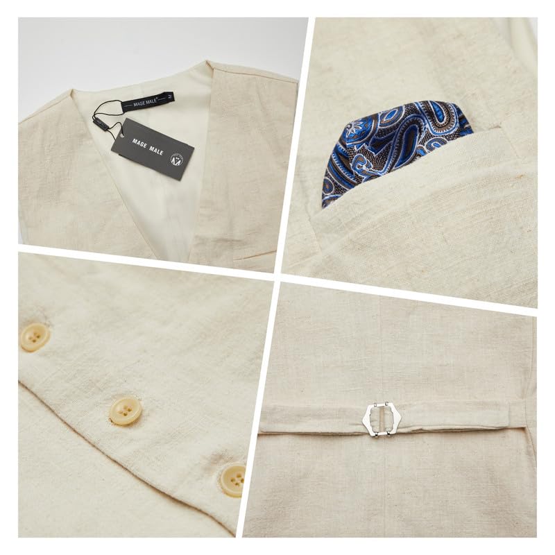 MAGE MALE Men's Linen 2 Piece Suit Slim Fit Wedding Groomsmen Summer Vest Pants Set with Pocket Square