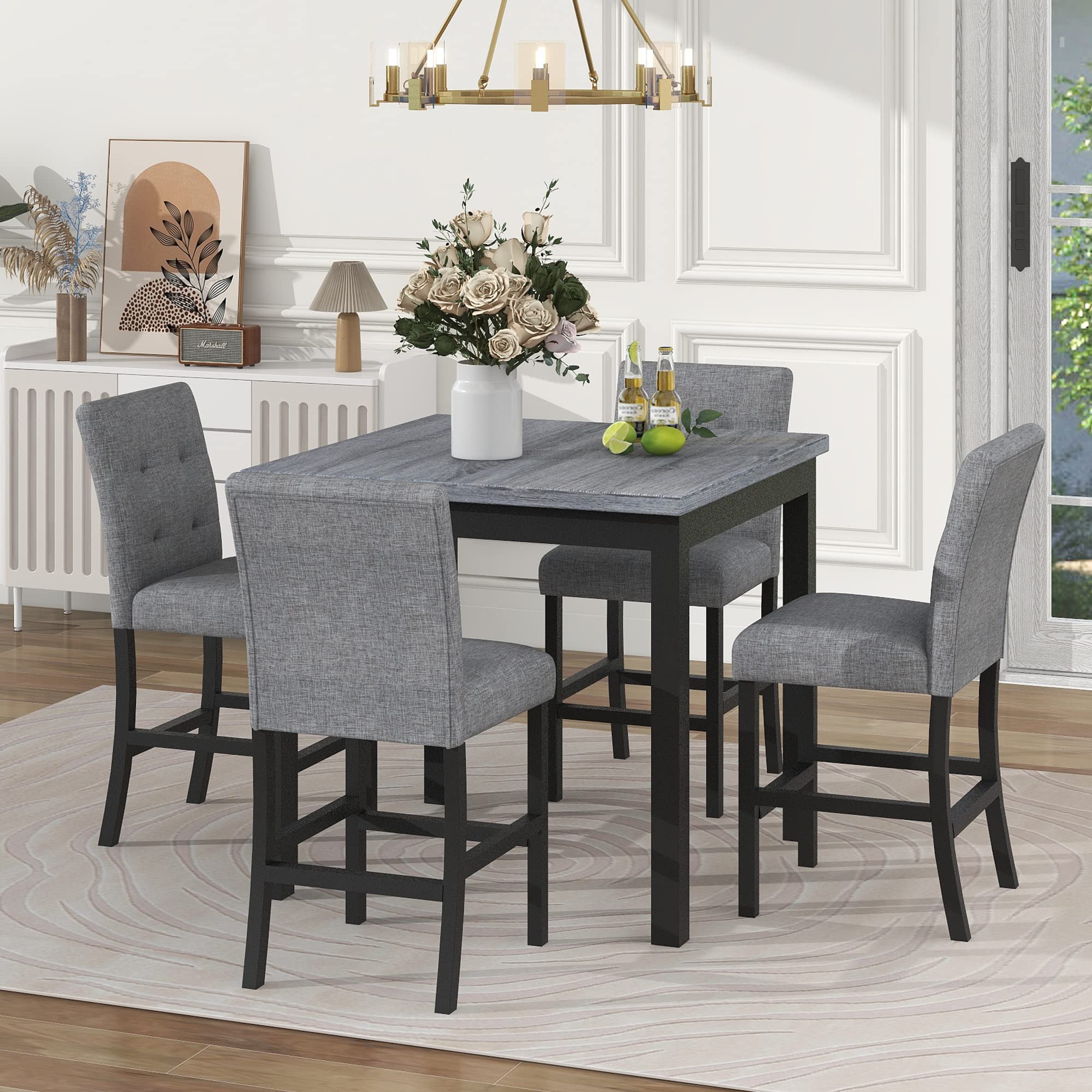 Lepfun 5-Piece Counter Height Set Wood Square for Apartment,Dining Room and Compact Space,Table Stools w/Footrest & 4 Upholstered high-Back Chairs,Easy to Assemble,Black