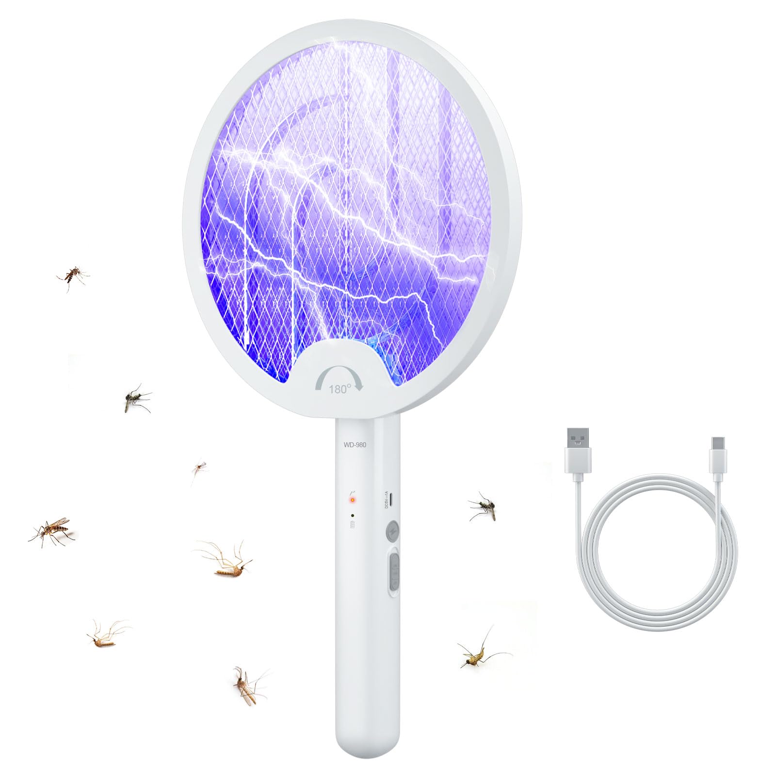 VLISBO Electric Fly Swatter 4000V 2 in 1 Bug Zapper Racket Fly Killer Mosquitoes Trap Lamp Rechargeable with 1200mAh Battery for Indoor Home Office Backyard Patio Camping (1 Pack)-White