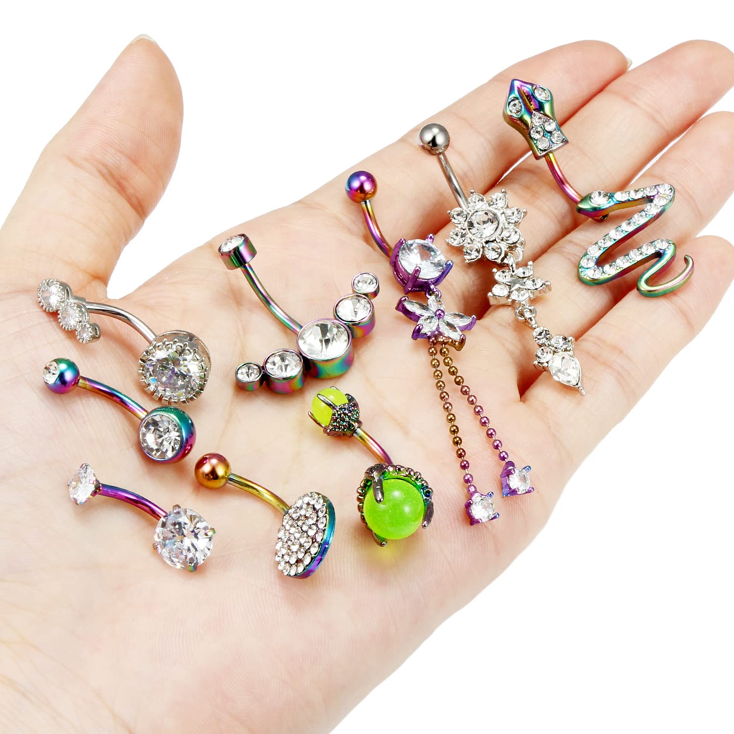Rksndnn 14G Belly Button Rings Dangle for Women Stainless Steel Piercing Jewelry Snake Reverse Spiral With Clear Cz Navel Ring Body Rainbow (DNN-006)