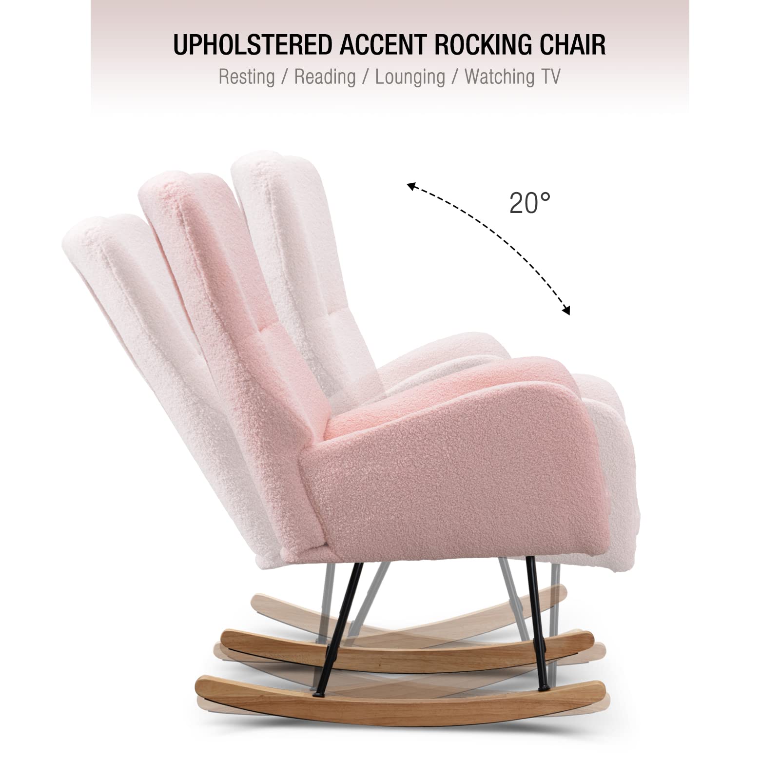 ONPNO Modern Rocking Accent Chair, High Backrest Glider Rocker for Baby Nursery, Uplostered Comfy Armchair for Living Room Bedroom (Pink)
